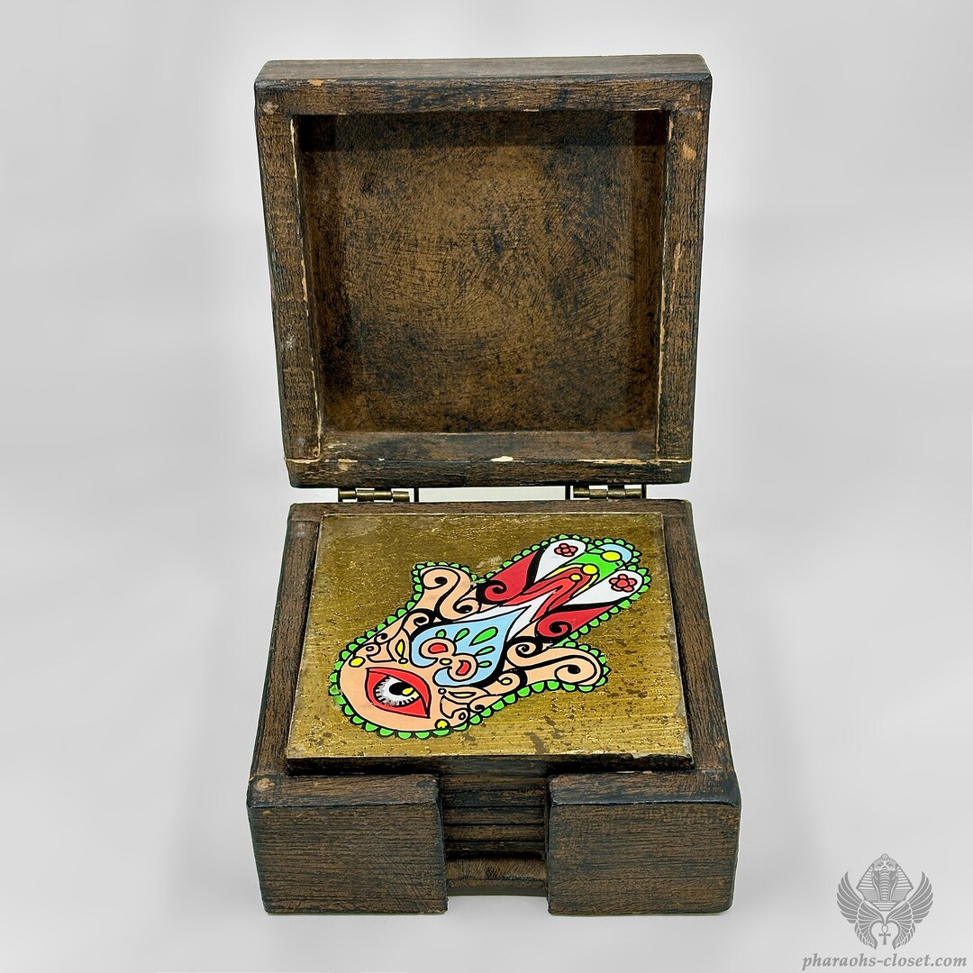 50 Years Old Egyptian Wooden Coaster Box - 6 Evil Eye Decor Coasters ...