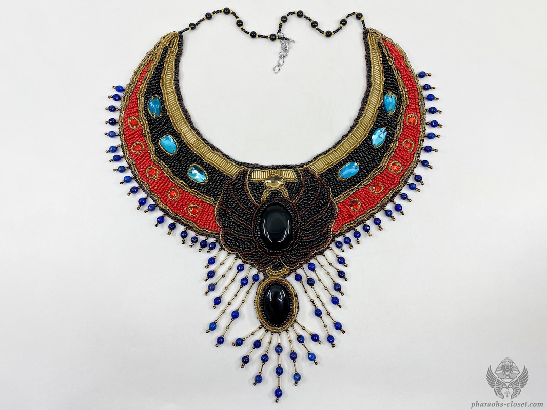The Winged Scarab Egyptian Beaded Collar Necklace - Charming Ancient ...
