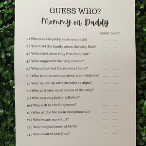Baby Shower Party Game Guess Who Mommy or Daddy Trivia Game Mom or Dad ...