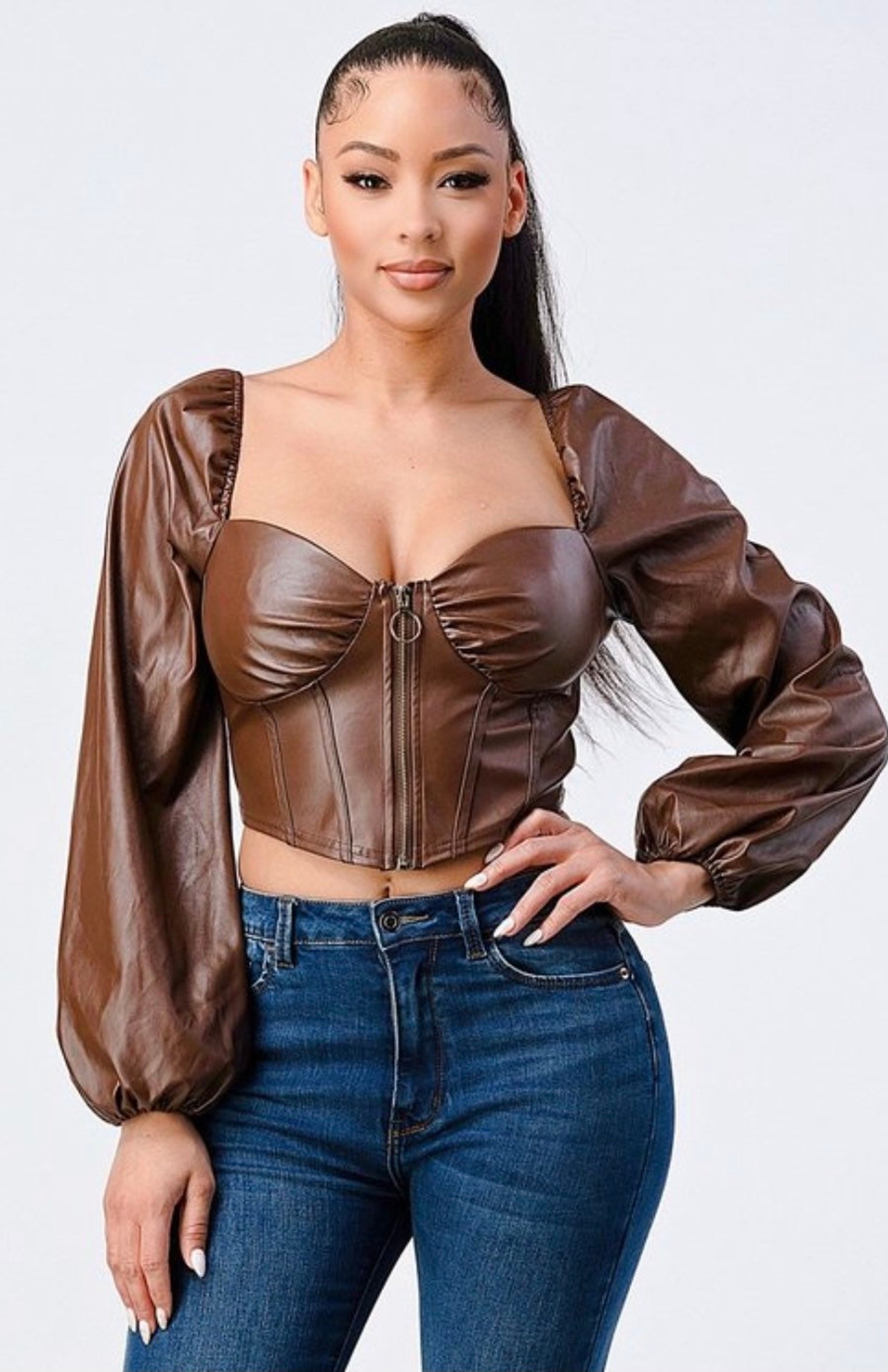 Faux Leather Long Sleeve Cropped Top Etsy