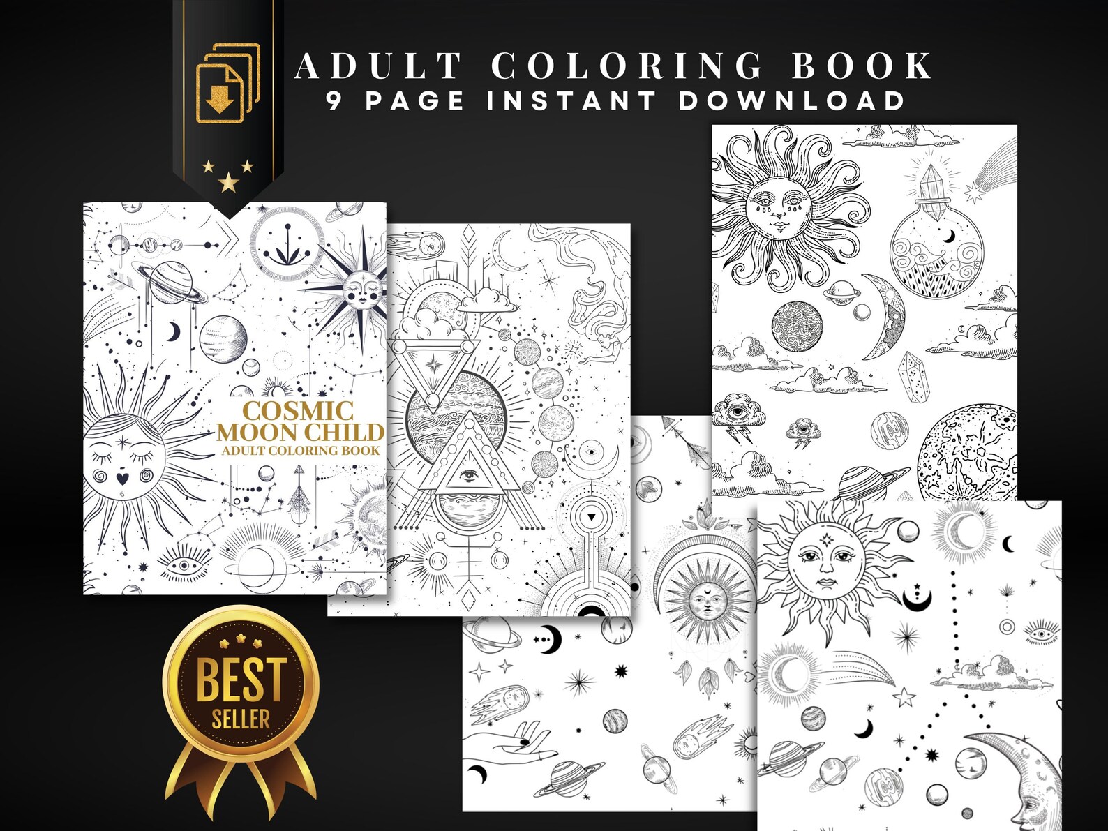 Cosmic Moon Child DIGITAL Adult Coloring Pages Adult Printable Coloring ...