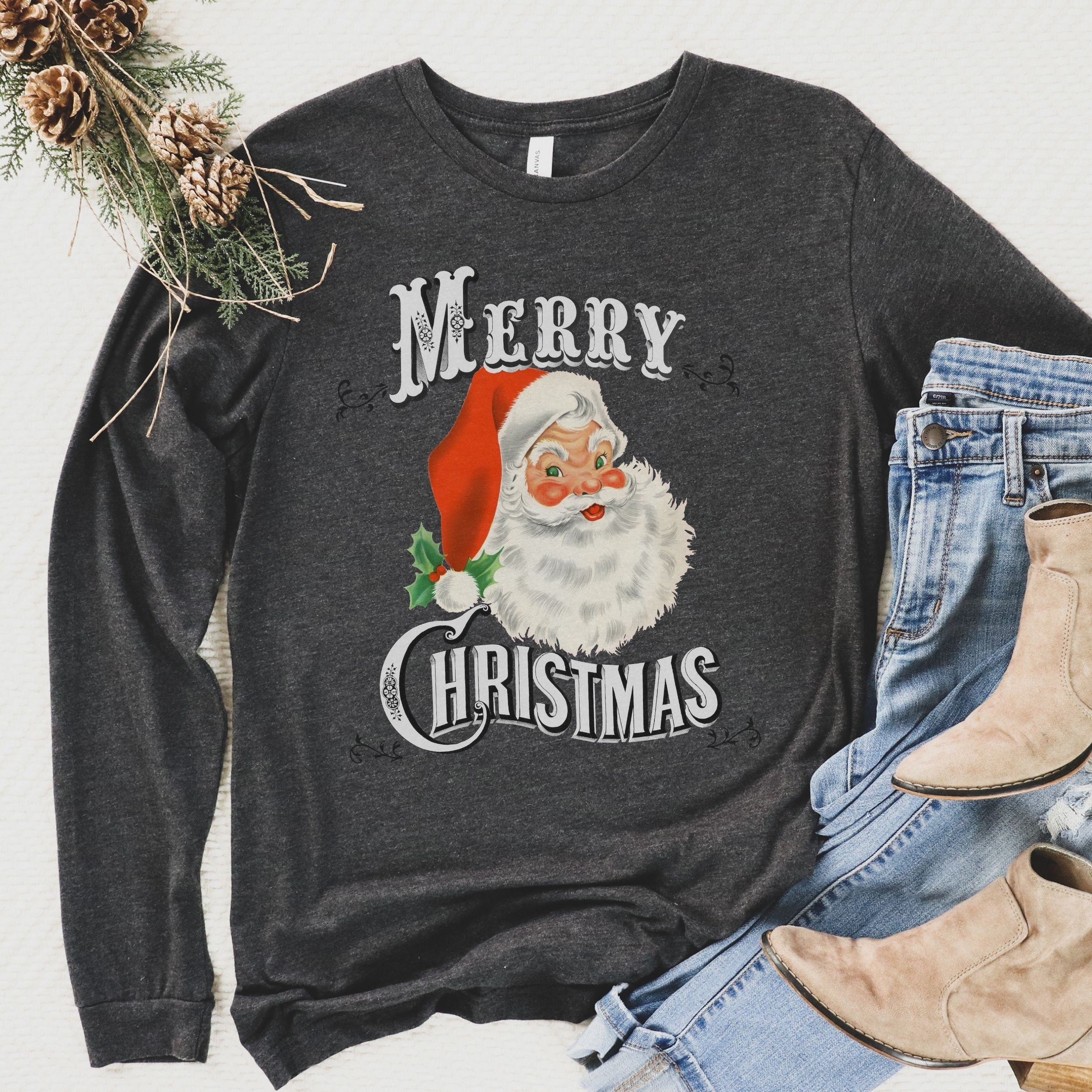 Retro Santa Long Sleeve, Santa Tee, Vintage Graphic, Old Fashioned ...