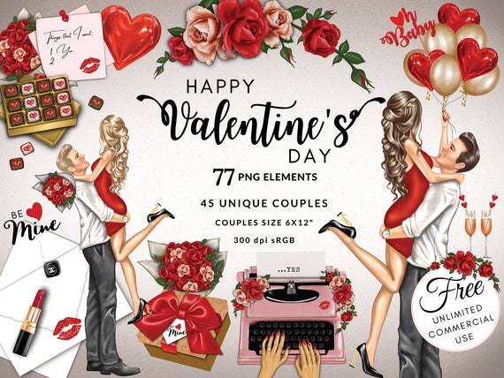 Happy Valentines Day Love Couple Clipart DIY Free Commercial - Etsy