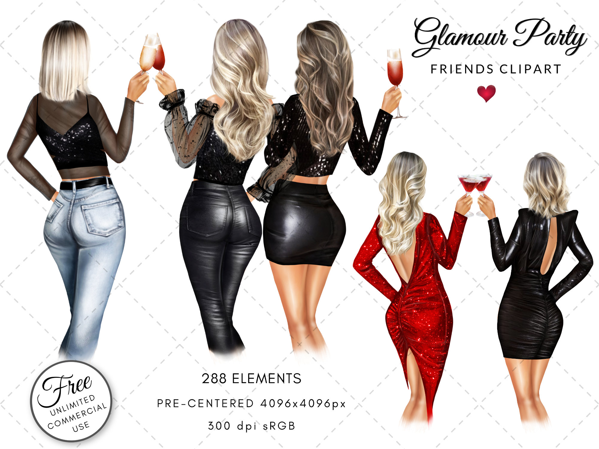 Glamour Party Girls Clipart: Fashion Illustration Graphics (commercial ...