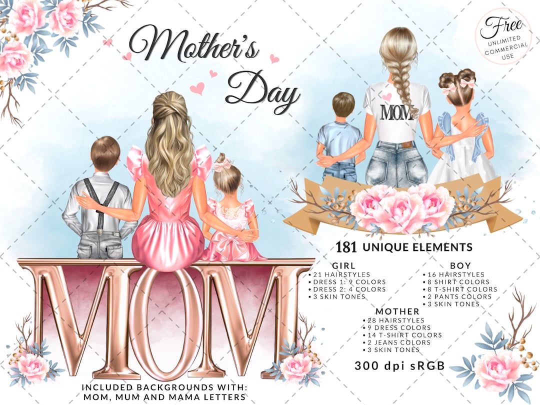 Mother's Day Clipart: Mom With Kids Illustration (free Commercial Use ...