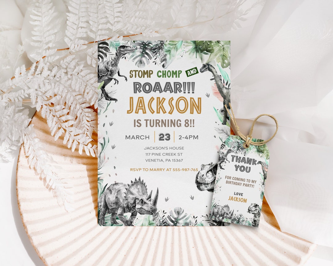 Plantilla editable de invitación de cumpleaños de dinosaurio Dino T-Rex ...