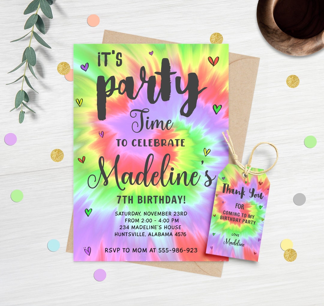 Tie Dye Birthday Invitation Tie Dye Birthday Party Invitations Rainbow ...