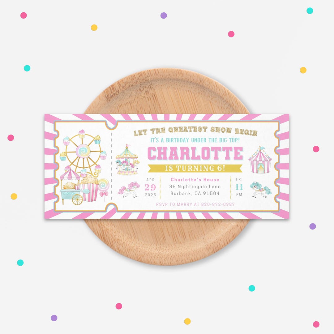 Editable Pink Circus Ticket Party Invitation Template | Carnival ...