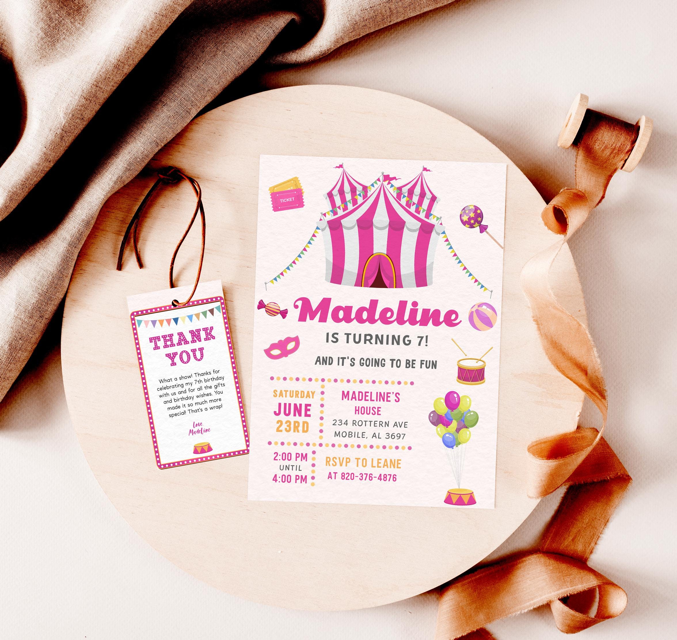 Editable Pink Carnival Birthday Invitation: Circus Funfair Ticket ...