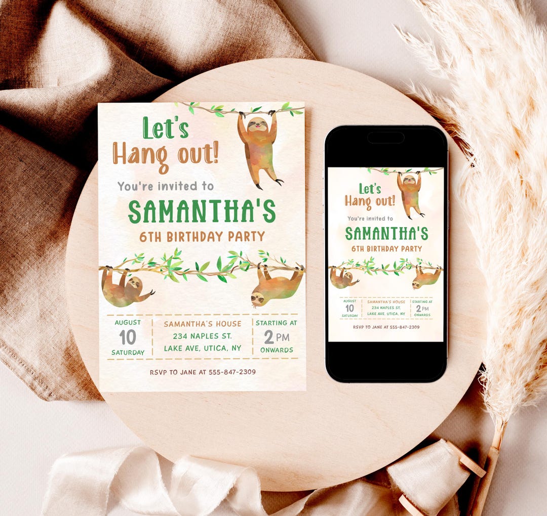 Editable Cute Sloth Birthday Invitation, Sloth Birthday Party, Safari ...