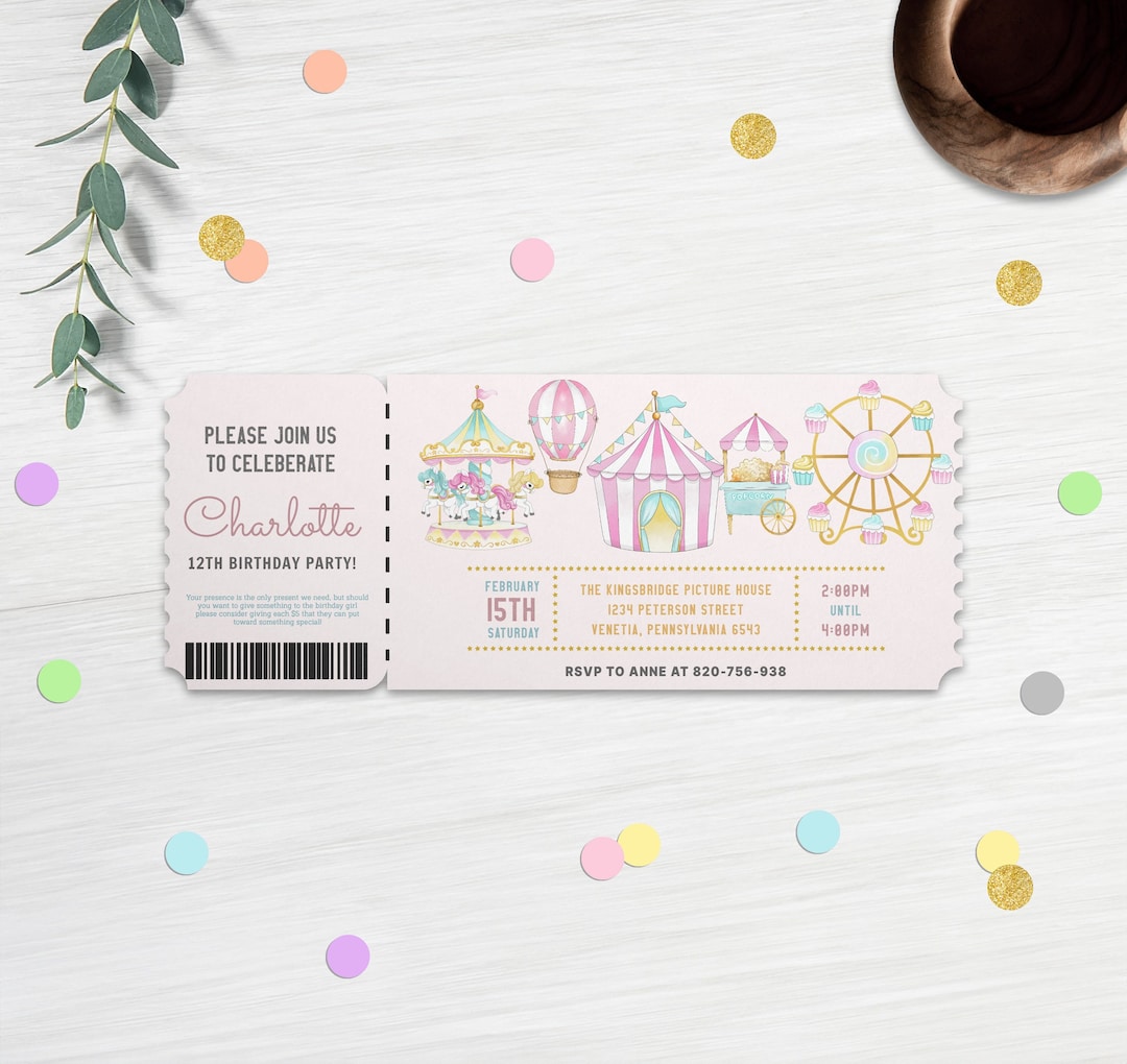Pink Carnival Ticket Birthday Invitation Template (digital Download) - Etsy