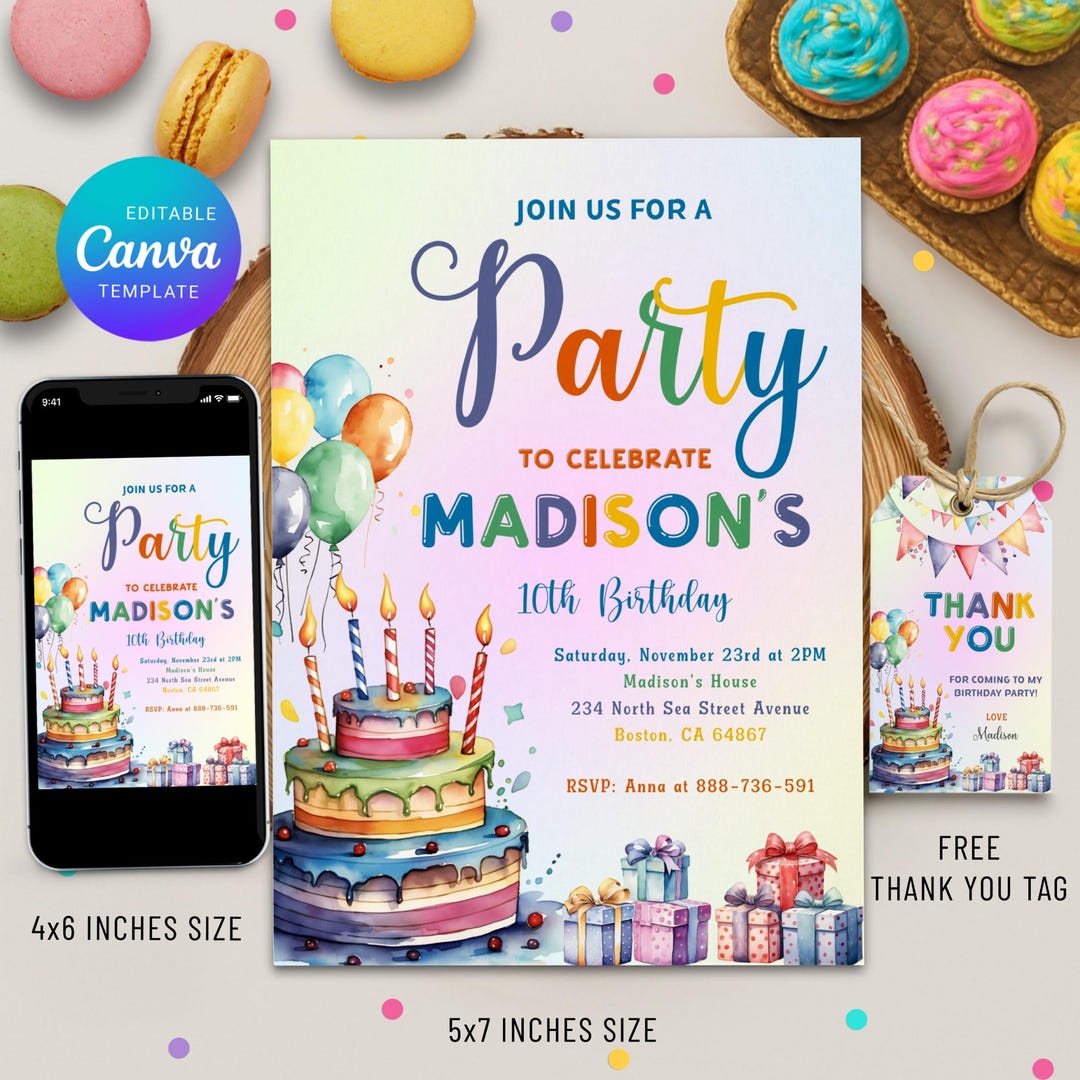 Editable Birthday Cake Party Invitation Template: Canva Printable ...