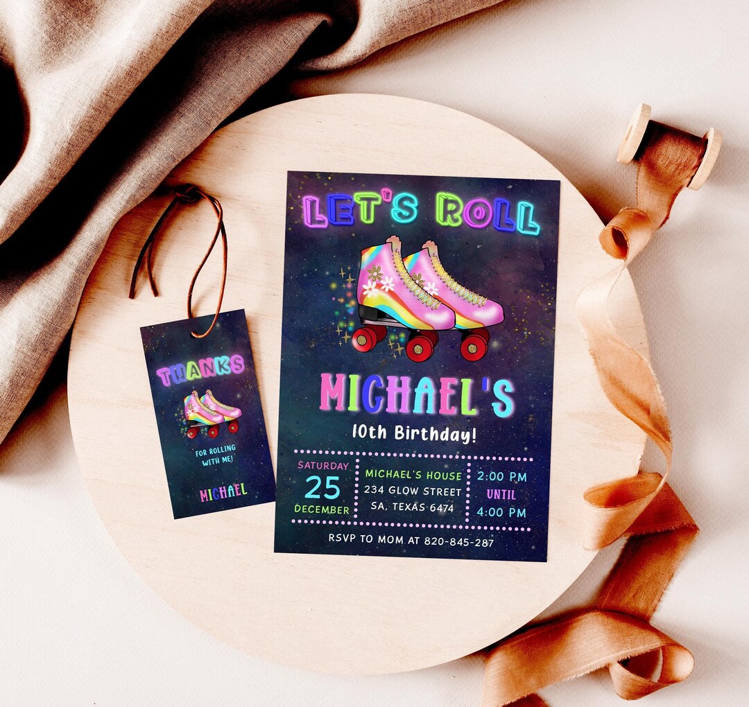 EDITABLE Roller Skate Birthday Invitation Template Neon Party ...