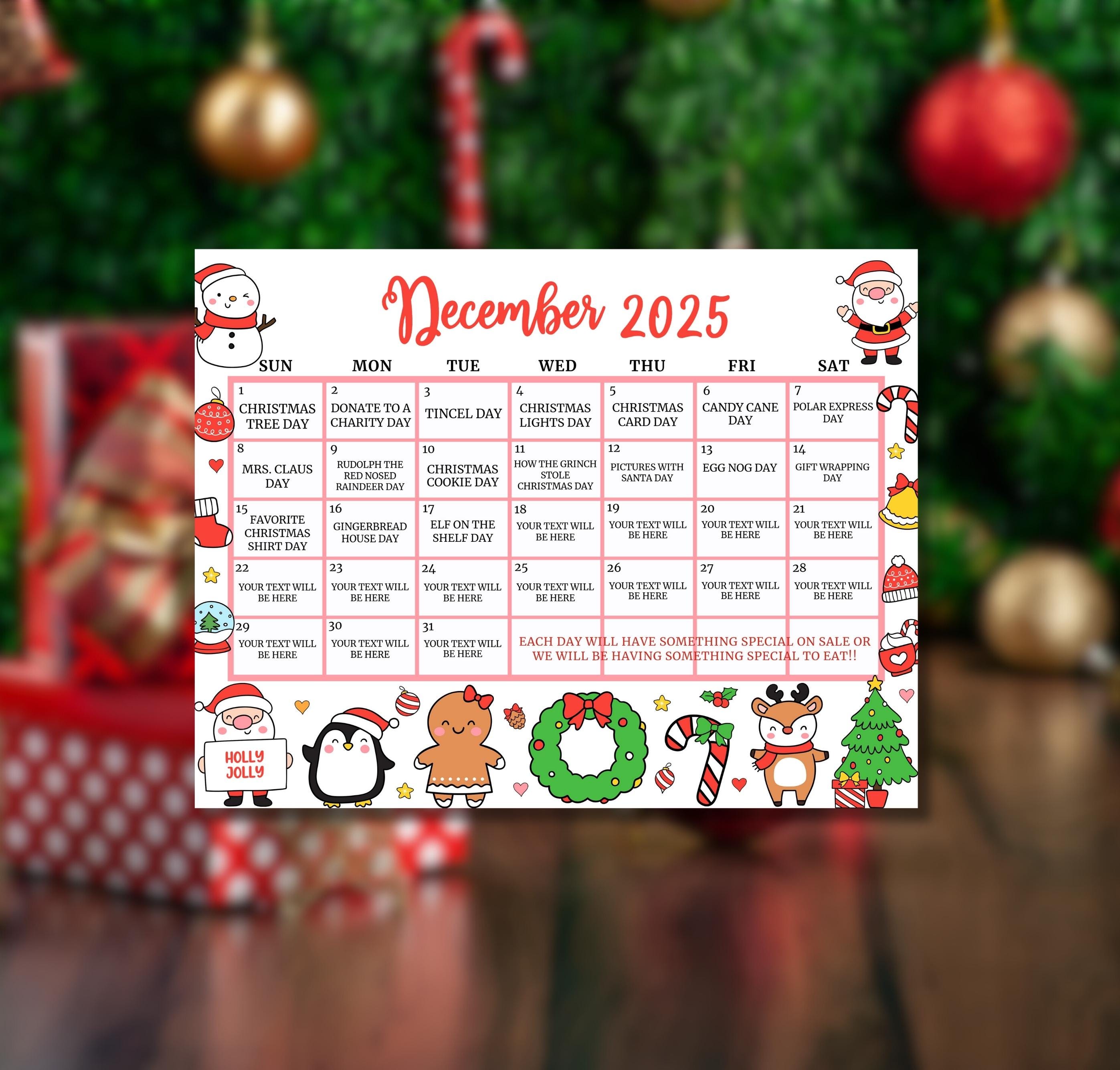 Editable Christmas Calendar, December 2025, Holiday Planner (digital ...