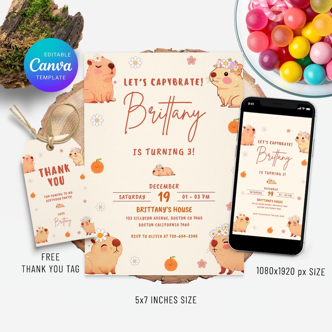 Capybara Invitation Template, Capybara Birthday Invite, Canva Birthday ...