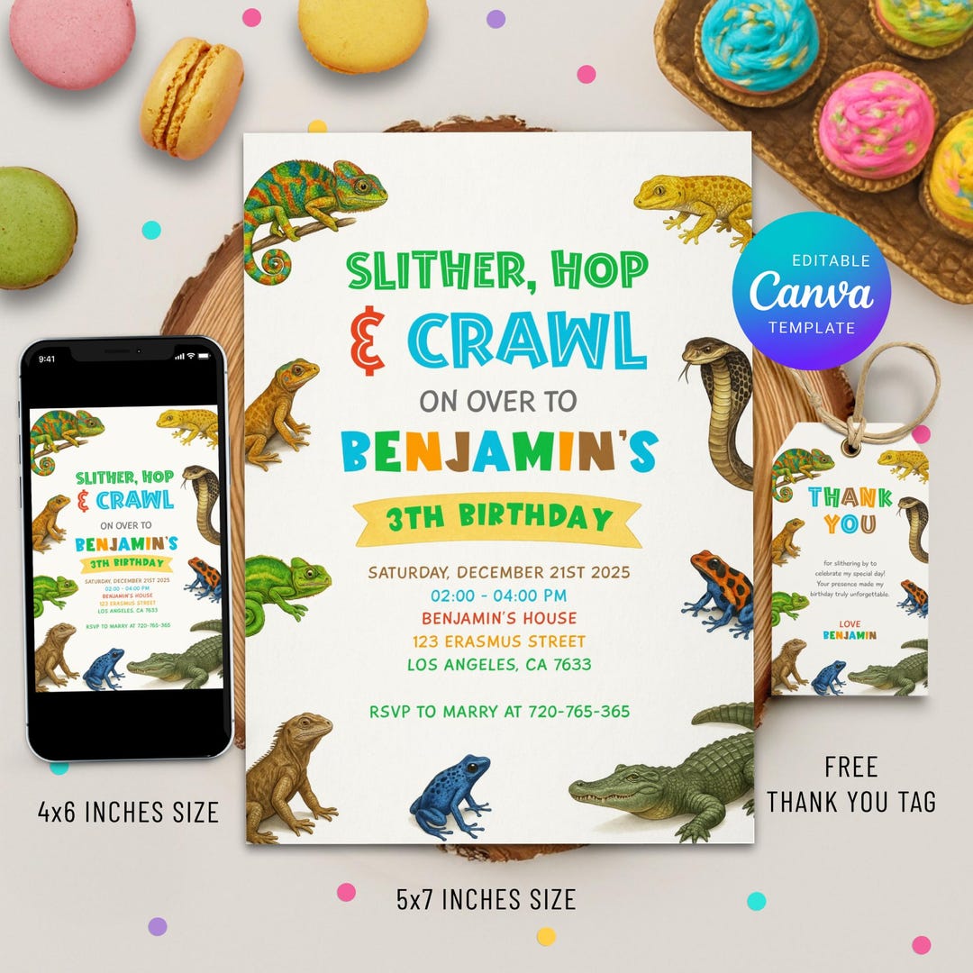Reptile Birthday Invitation, Editable Canva Template (digital) - Etsy