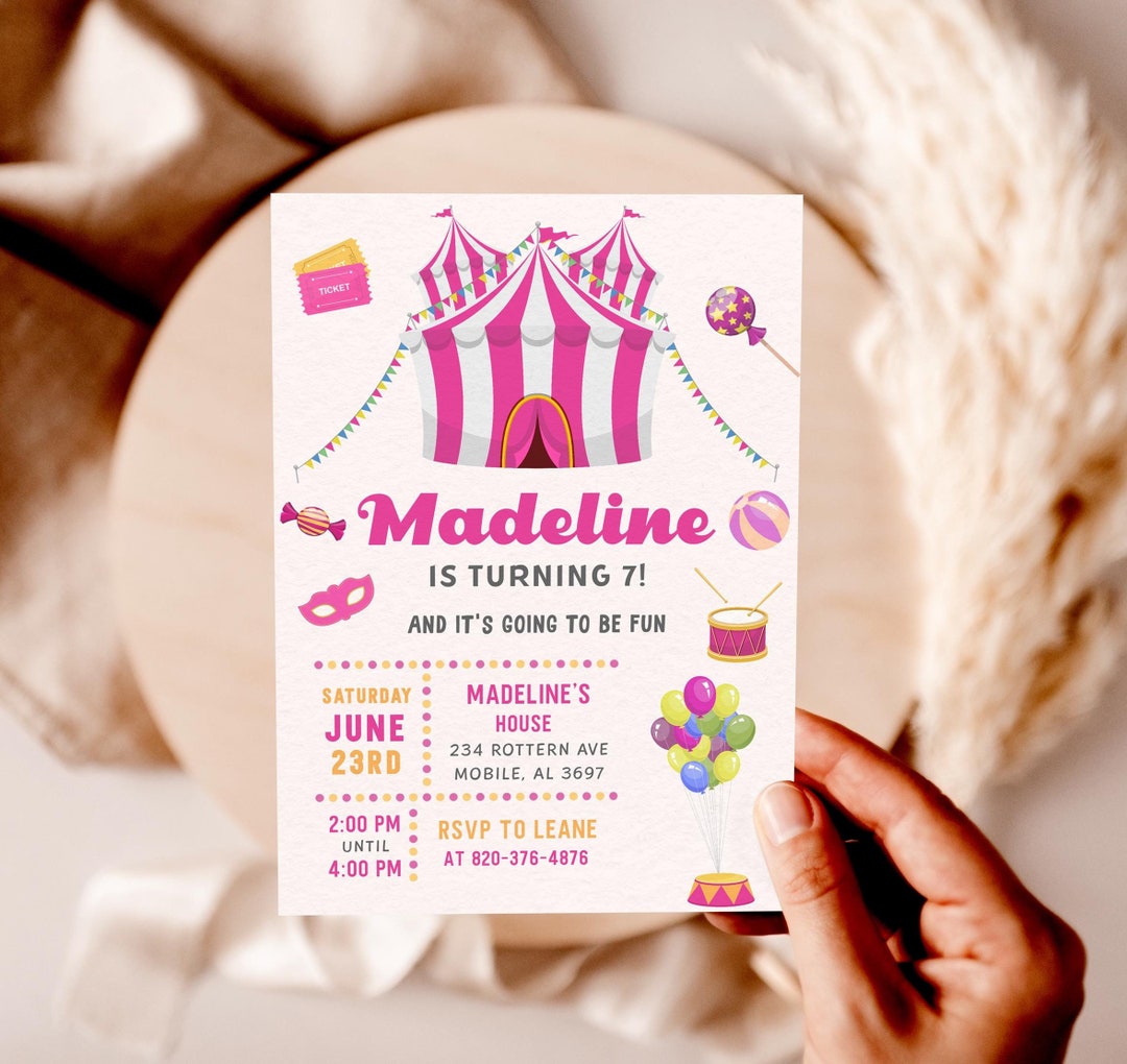 EDITABLE Carnival Birthday Invitation Template, Pink Carnival Ticket ...