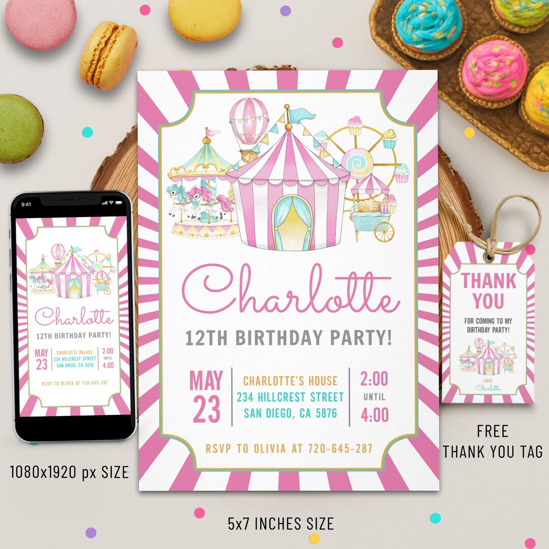 Editable Pink Carnival Birthday Invitation: Circus Ticket, Fun Fair ...
