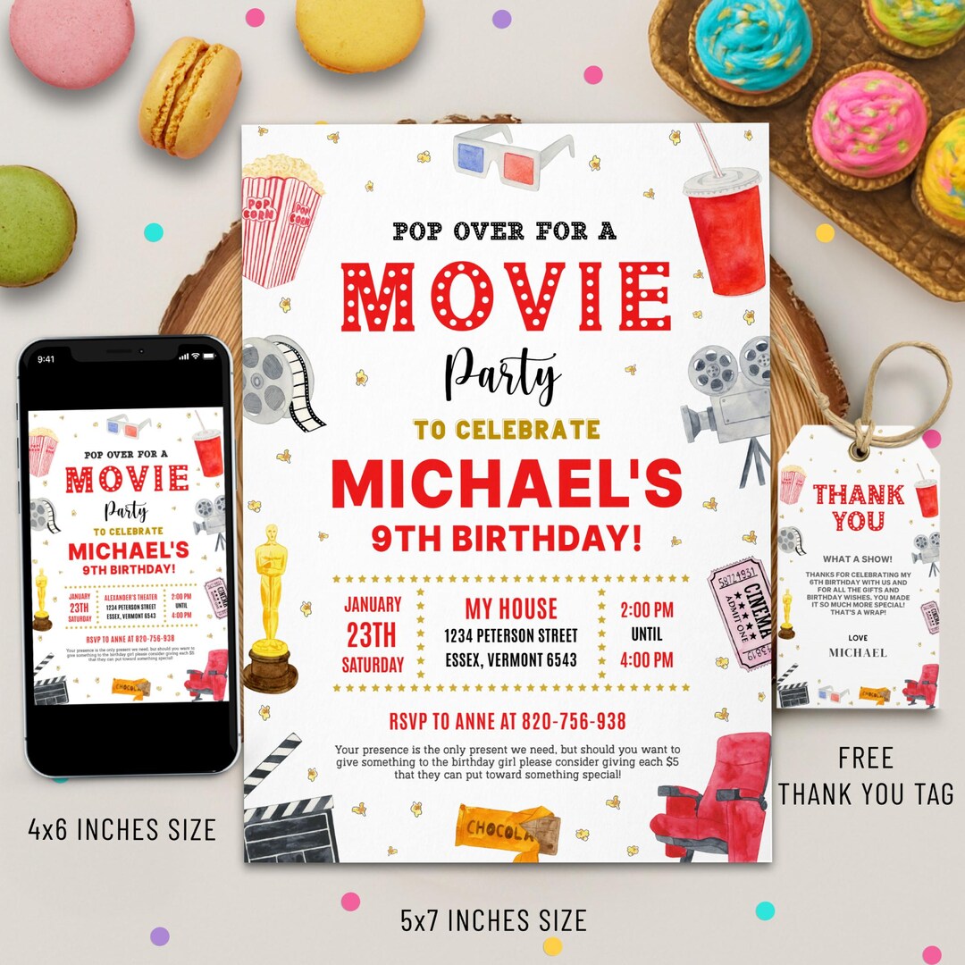 Movie Birthday Invitation Template, Editable Cinema Invitation, Watch ...