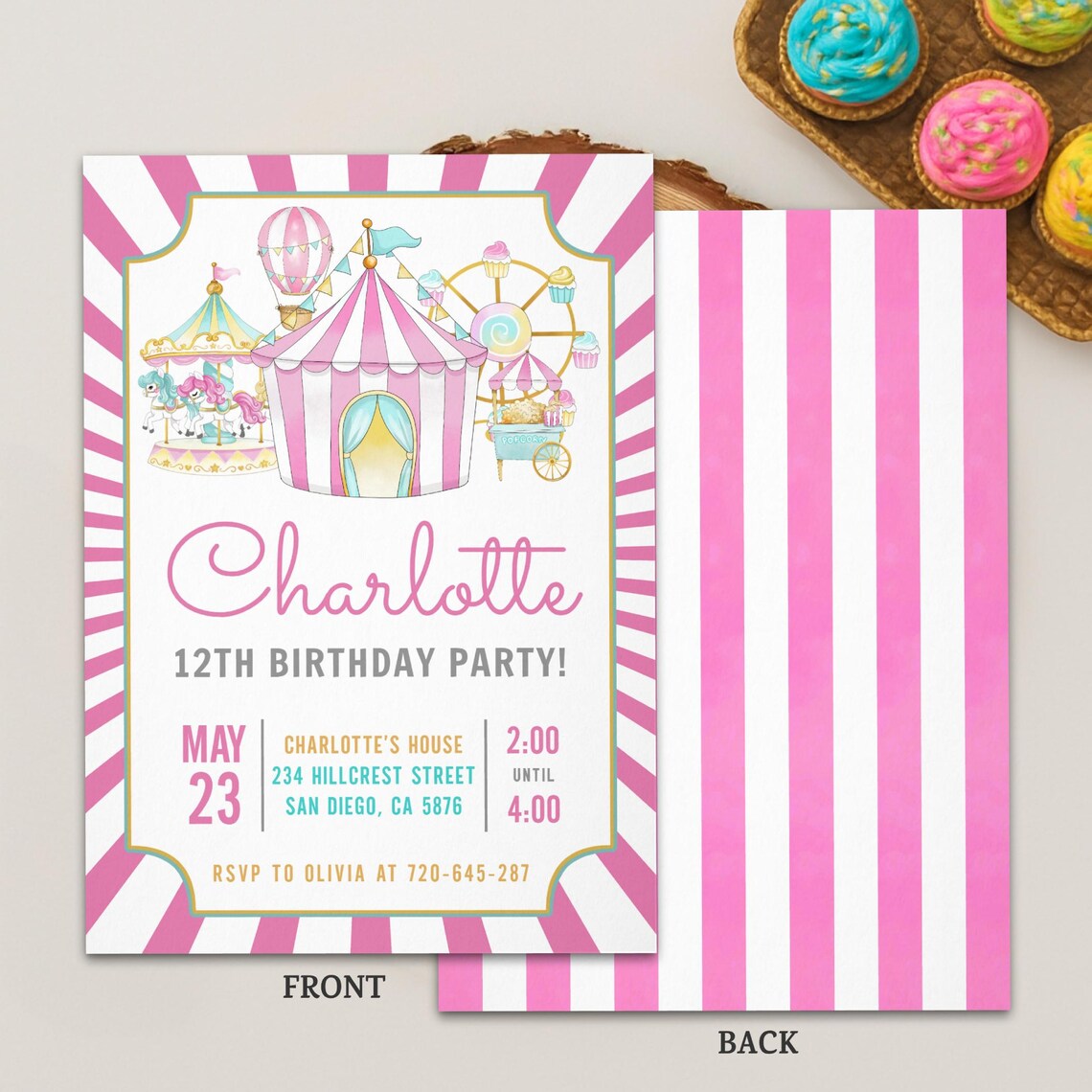 Editable Pink Carnival Birthday Invitation: Circus Ticket, Fun Fair ...
