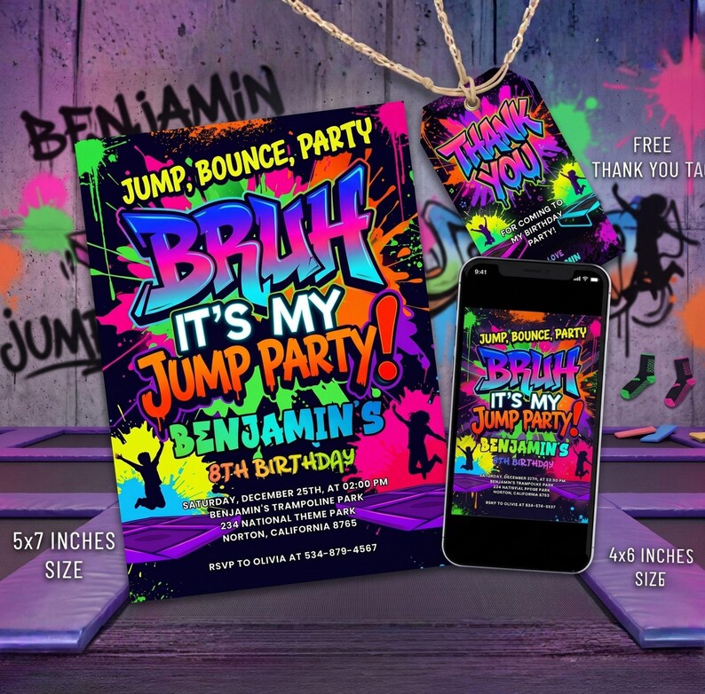 Editable Trampoline Jump Park Party Invite, Teen Parkour Jump Theme ...