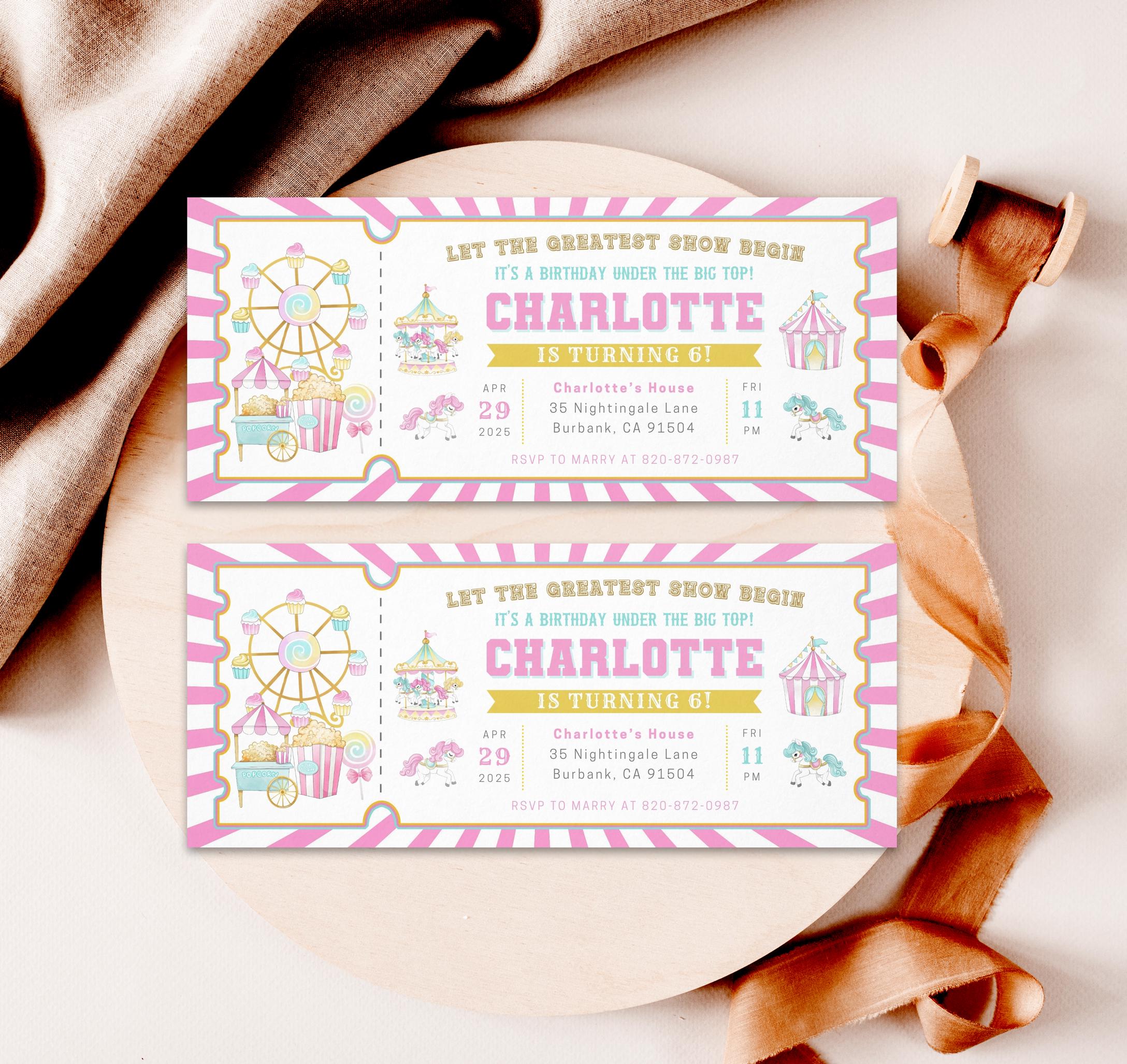 Editable Pink Circus Ticket Party Invitation Template | Carnival ...