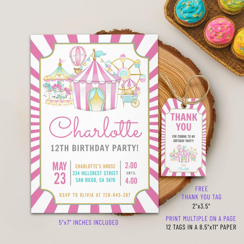 Editable Pink Carnival Birthday Invitation: Circus Ticket, Fun Fair ...