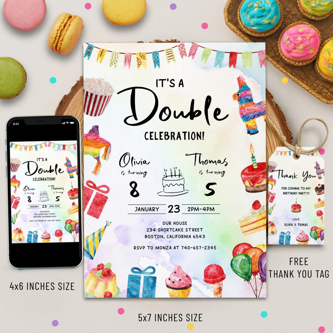 Editable Double Birthday Invitation, Joint Birthday Invite, Siblings ...