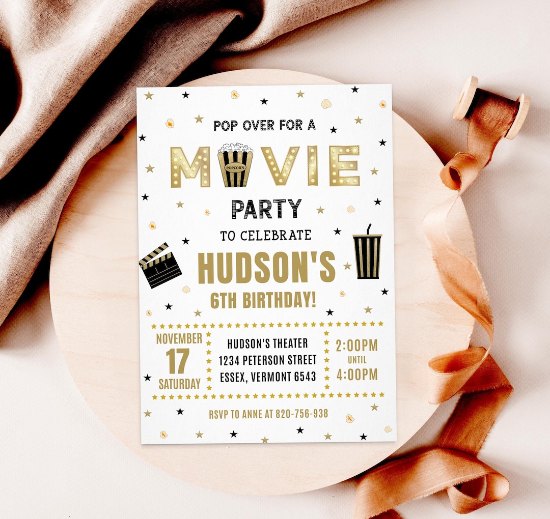 Movie Birthday Invitation Template, Gold Movie Birthday Party, EDITABLE ...