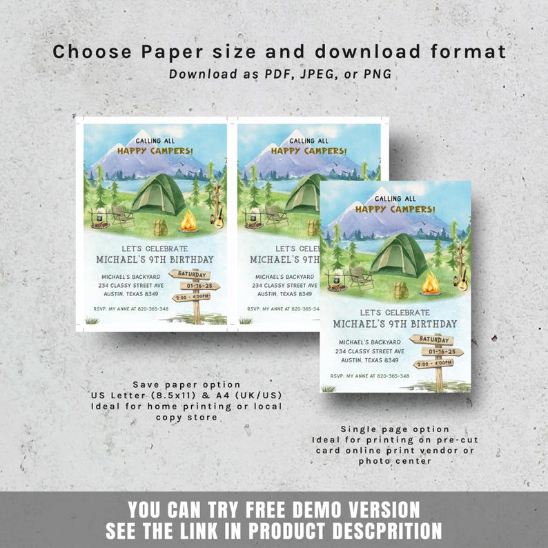 Editable Camping Party Invitation Template | Campfire Outdoor Adventure ...