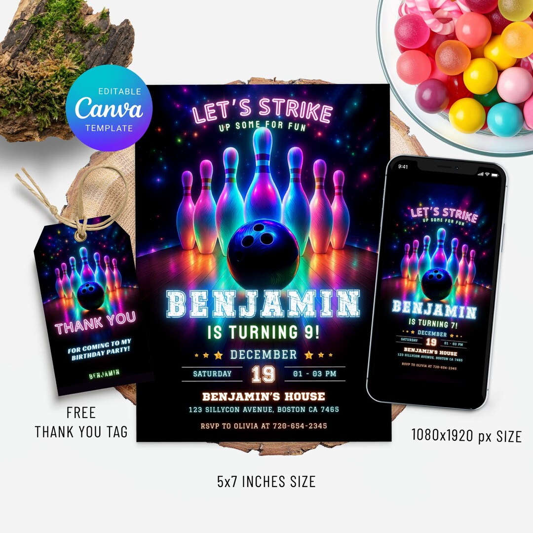 Editable Neon Bowling Birthday Invitation Template Bowling Strike Party ...