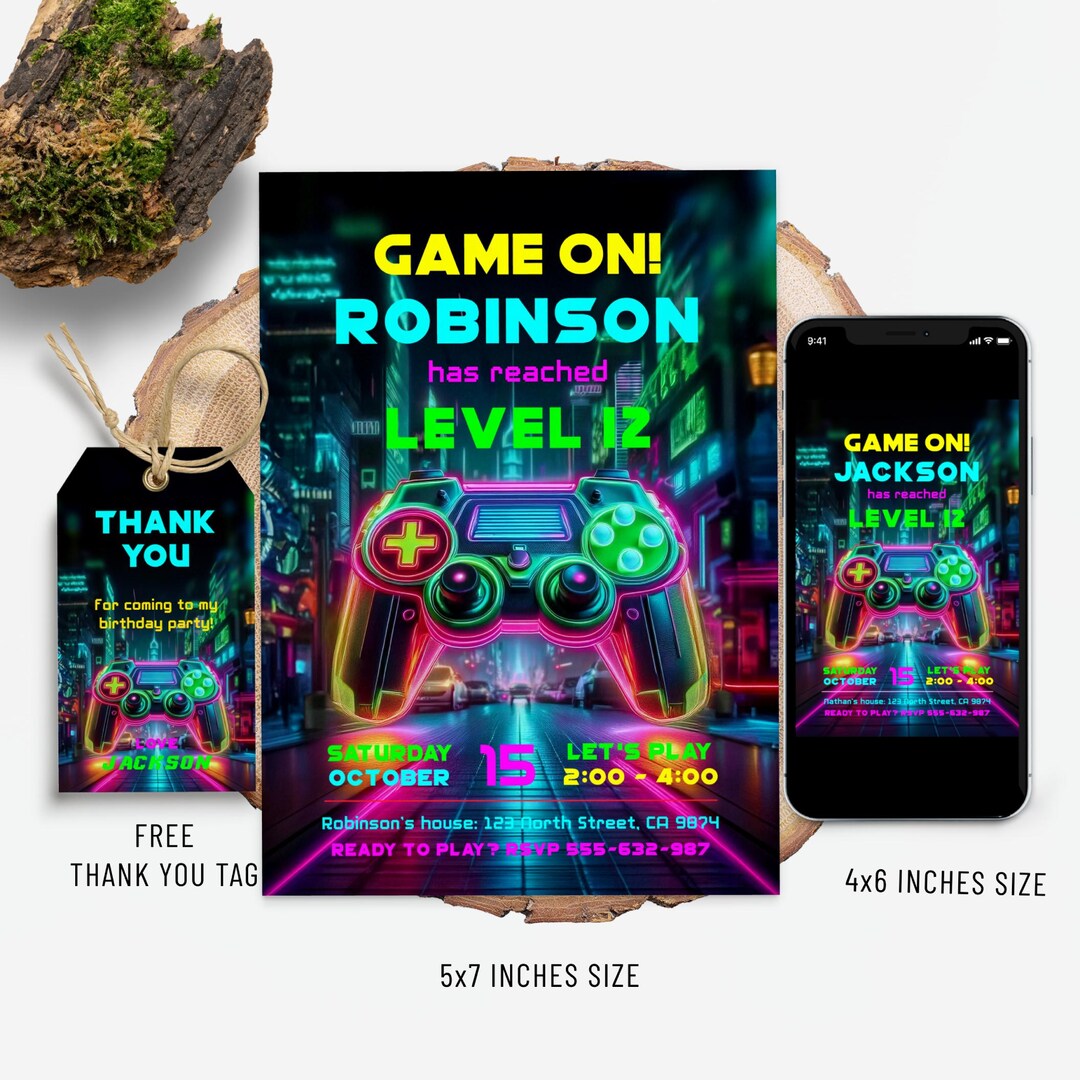 Neon Arcade Game Birthday Invitation Template, Digital Level up Invite ...
