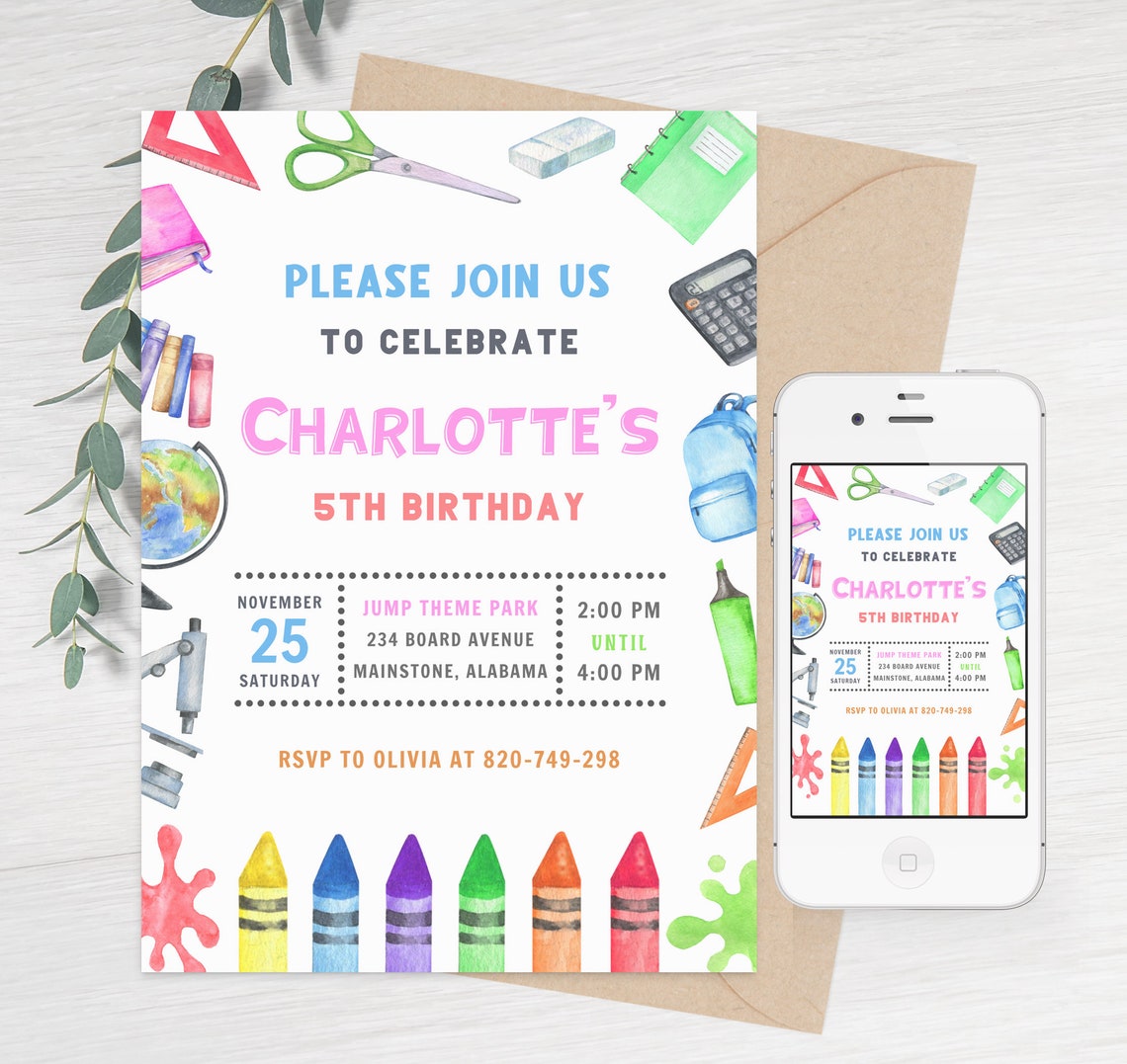 Editable School Birthday Invitation: Preschool, Kindergarten (instant ...