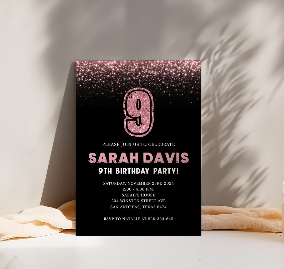 Editable Rose Gold Birthday Invitation Template, Rose Glitter ...