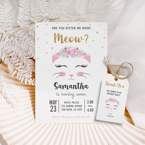 Are You Kitten Me Birthday Invitation Editable Kitty Cat - Etsy