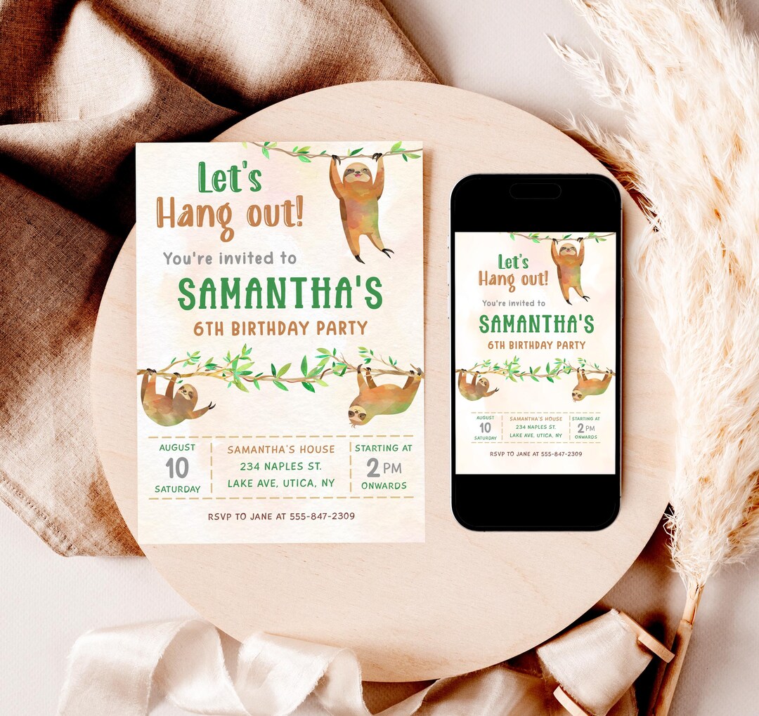 Cute Sloth Birthday Invitation, Sloth Birthday Party, Safari Jungle ...