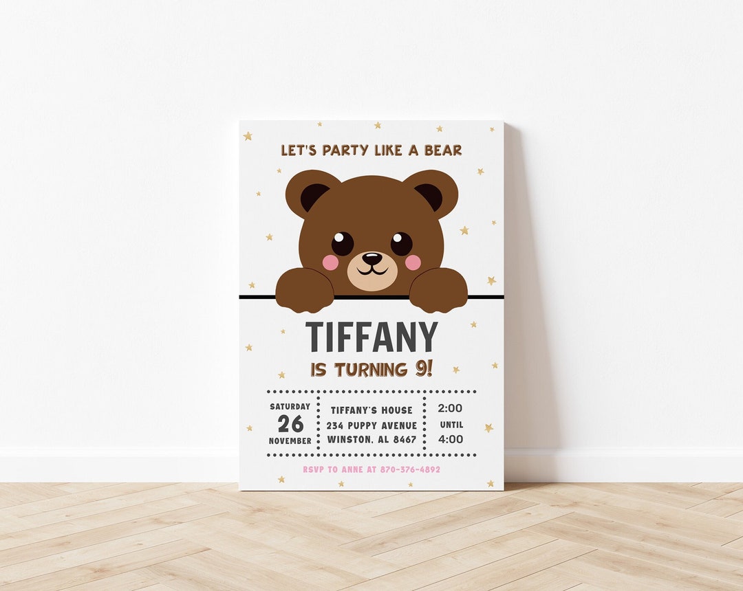 EDITABLE Bear Birthday Invitation Template Cute Bear Party Invite Brown ...