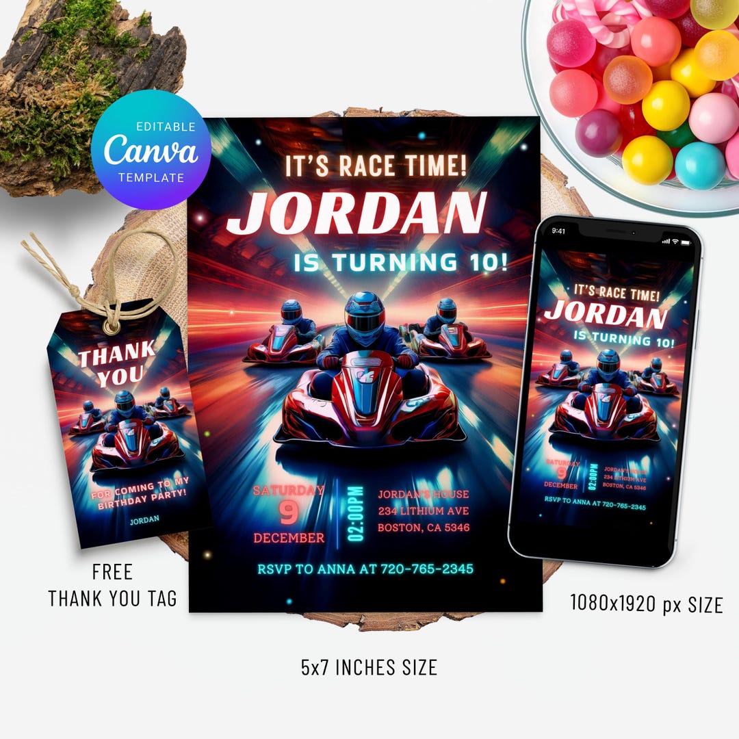 Neon Go Kart Birthday Invitation: Racing Party, Editable Canva Template ...