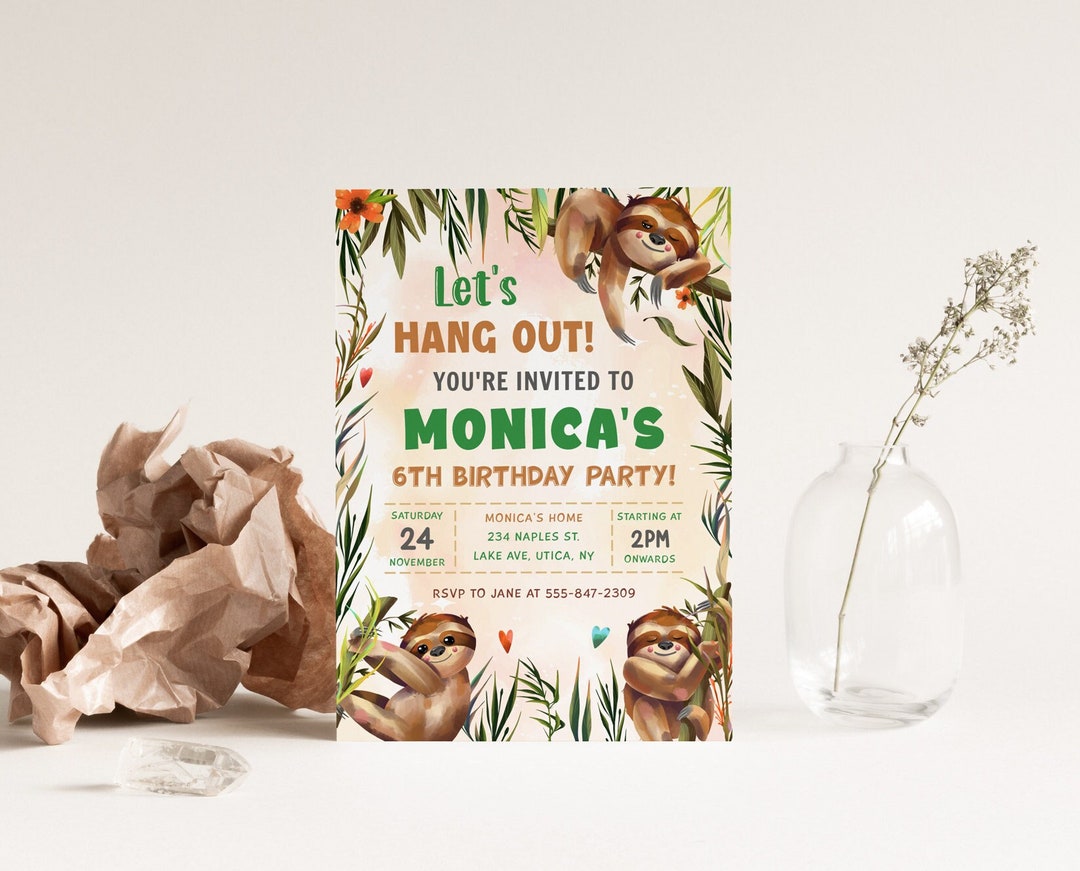 Editable Cute Sloth Birthday Invitation Sloth Birthday Party Animal ...