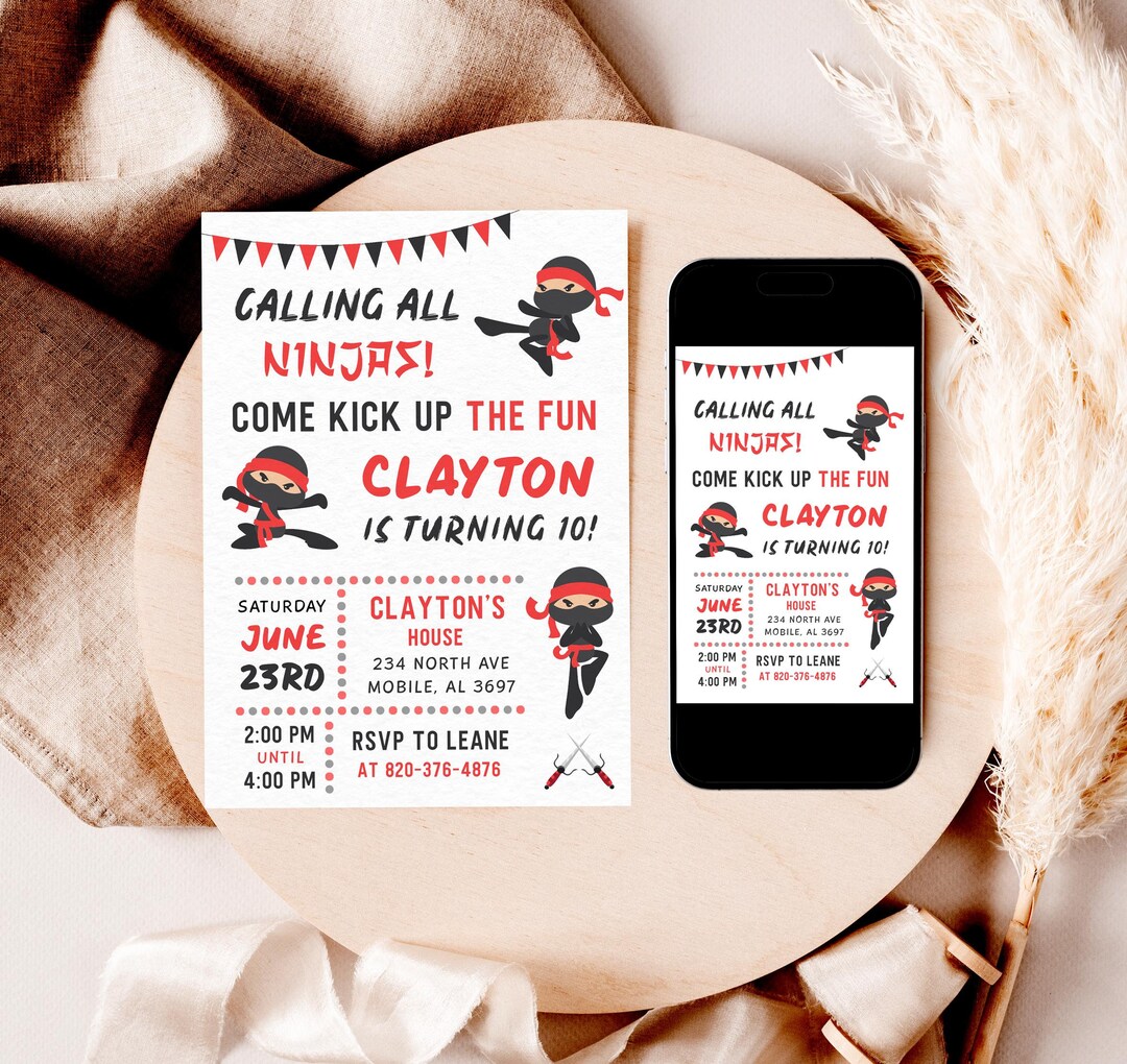 Editable Ninja Birthday Invitation Template, Ninja Kids Invitation ...