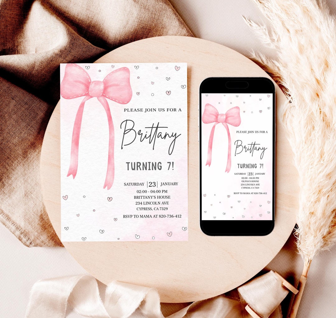 Editable Pink Bow Birthday Invitation Template Cute Coquette Party ...