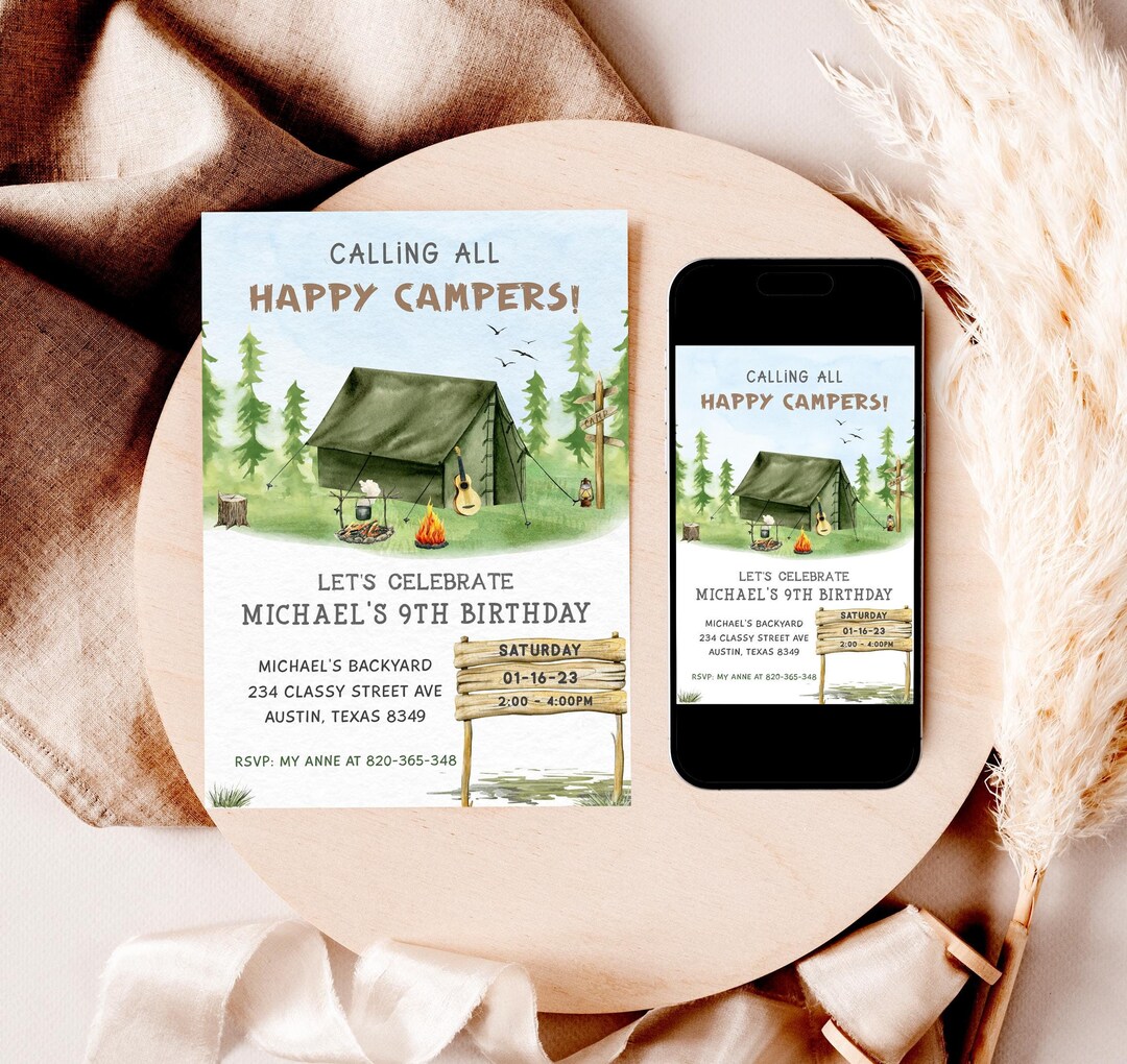 EDITABLE Camping Birthday Invitation Template, Forest Camp Out ...