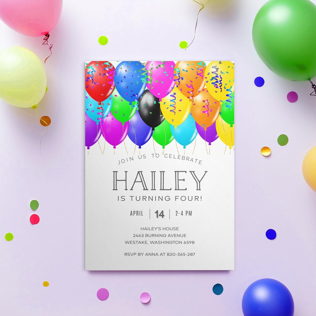 Editable Balloon Birthday Invitation Template Colorful Neon Balloon ...