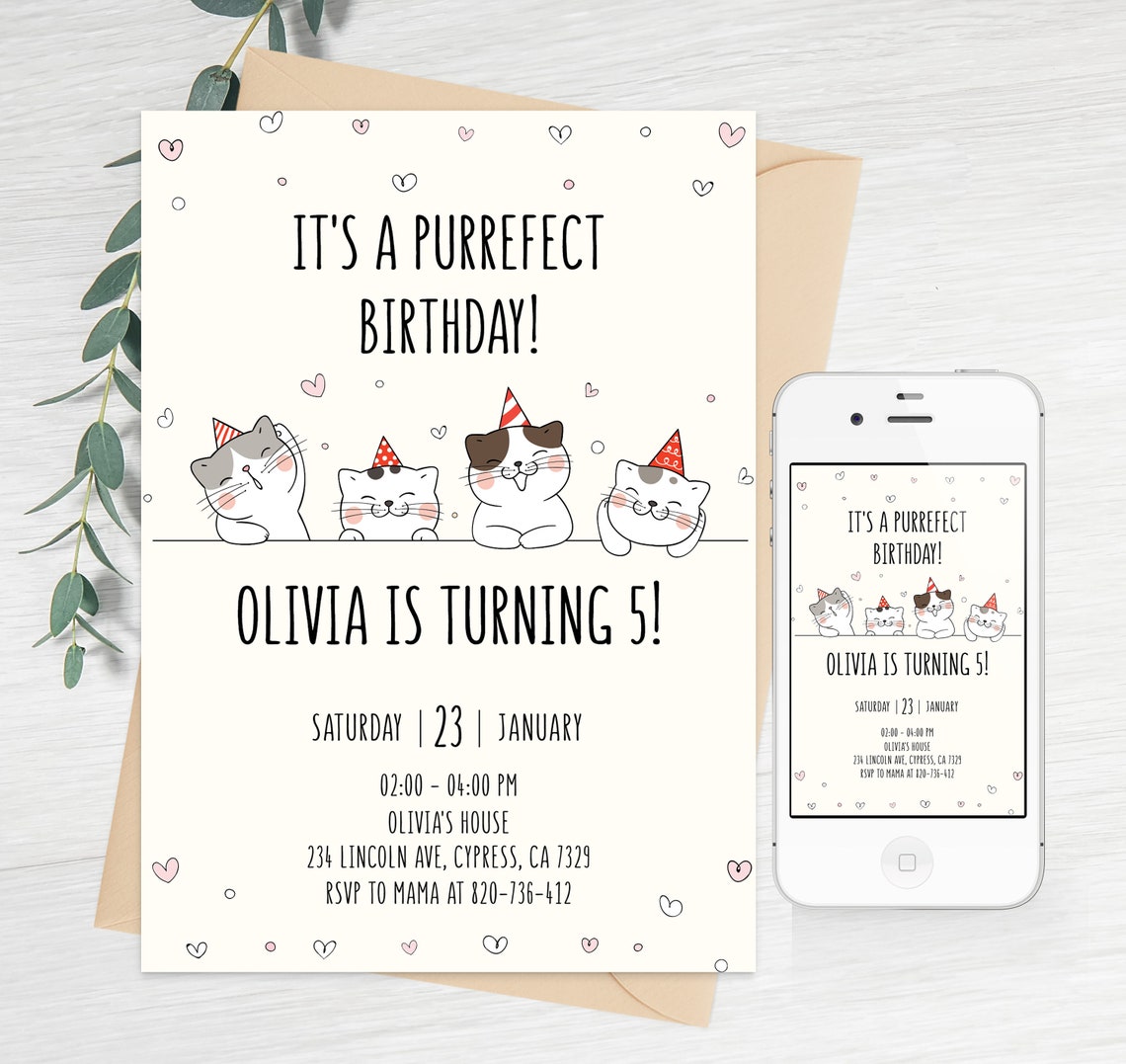 Cute Cat Birthday Invitation Kitty Birthday Invitation Cat - Etsy