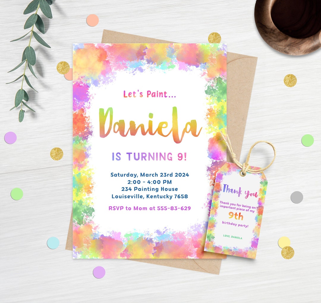 Editable Painting Splatter Birthday Invitation Rainbow Painting Invite ...