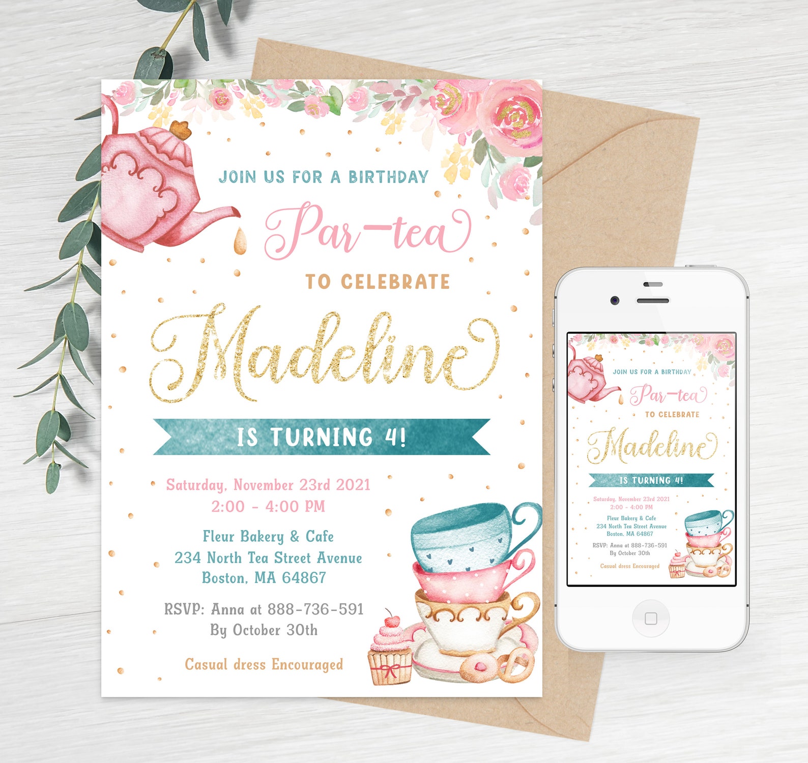 Tea Party Birthday Invitation Template Tea Birthday Party Girl - Etsy