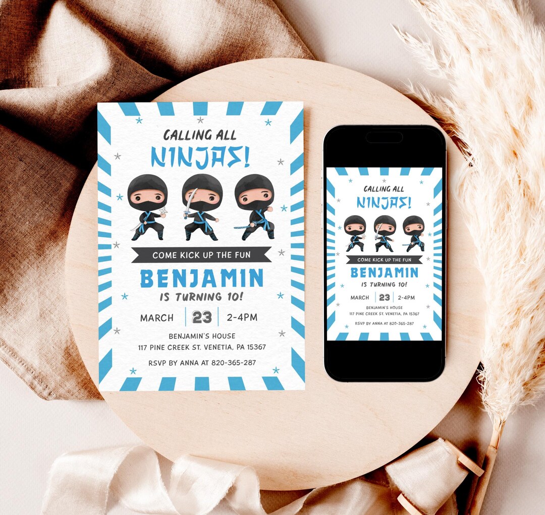Ninja Birthday Invitation Template Editable Ninja Blue Invitation Ninja ...