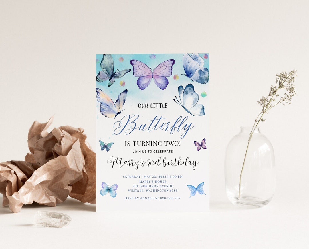 Editable Blue Butterfly Birthday Invitation Girl 2nd Birthday ...