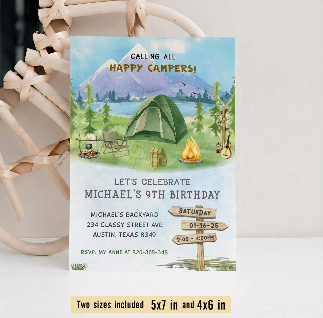 Editable Camping Party Invitation Template | Campfire Outdoor Adventure ...
