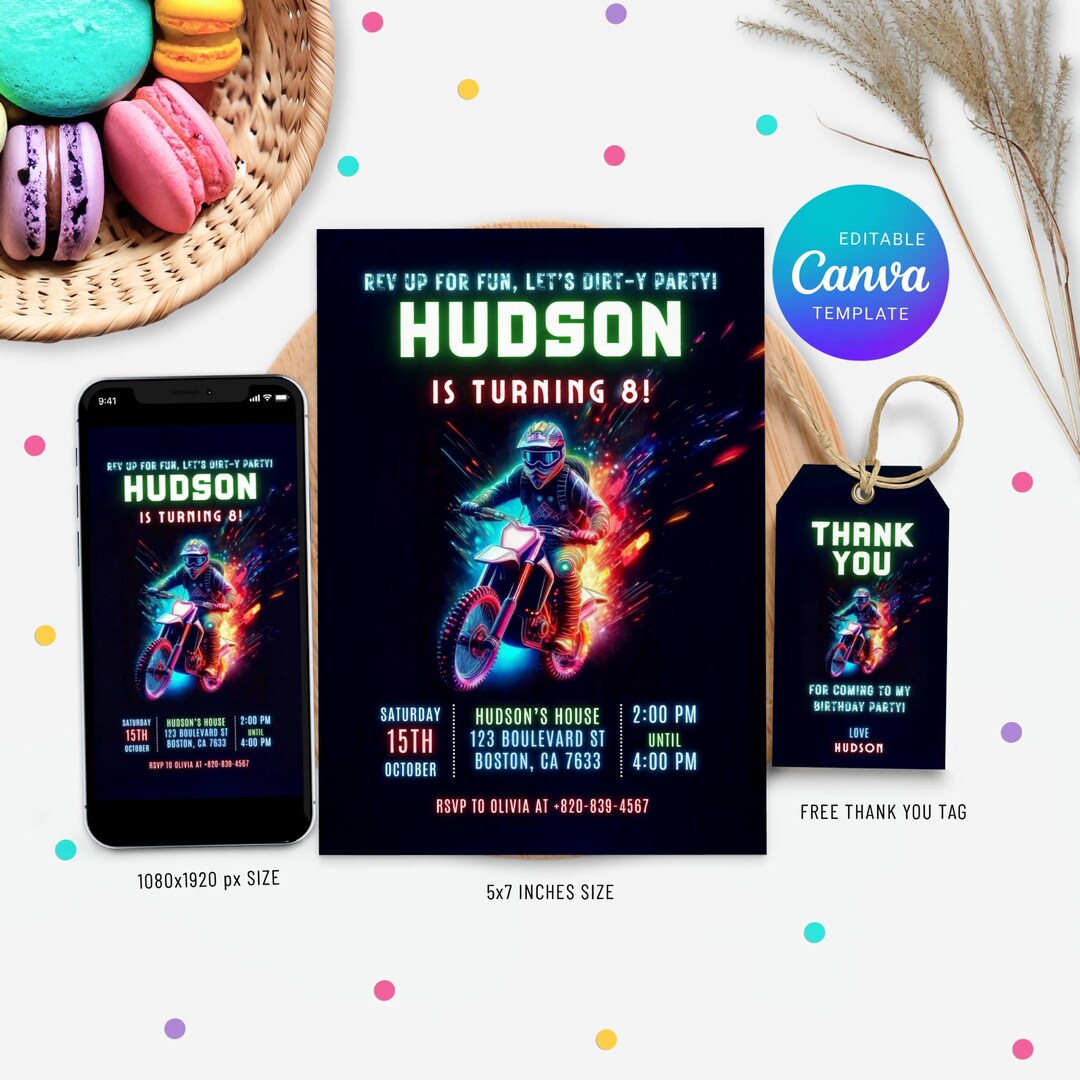 Editable Motor Trail Invitation Template, Canva Racer Invite, Neon ...